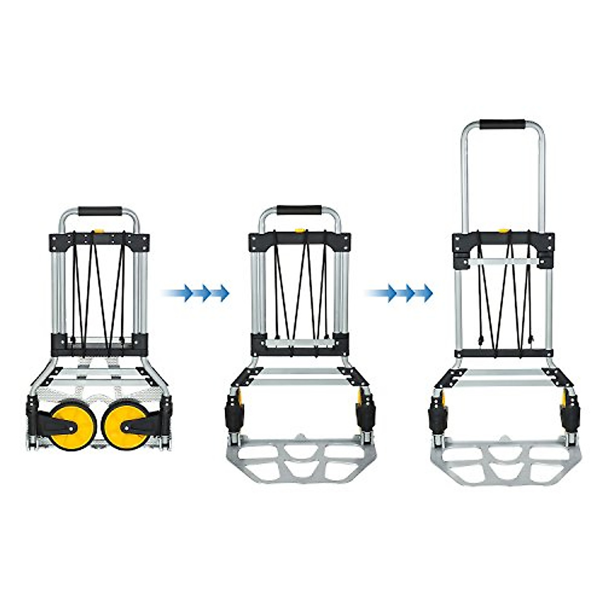 Mount-It! Folding Hand Truck and Dolly, 264 Lb Capacity Heavy-Duty Luggage Trolley Cart With Telescoping Handle and Rubber Wheels, Silver, Black, Yellow,