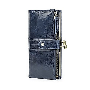 Contact's Kiss Lock Wallet for Women Leather Clutch Wallet Vintage Coin Purse RFID Wallet Bifold Blue Card Phone Holder