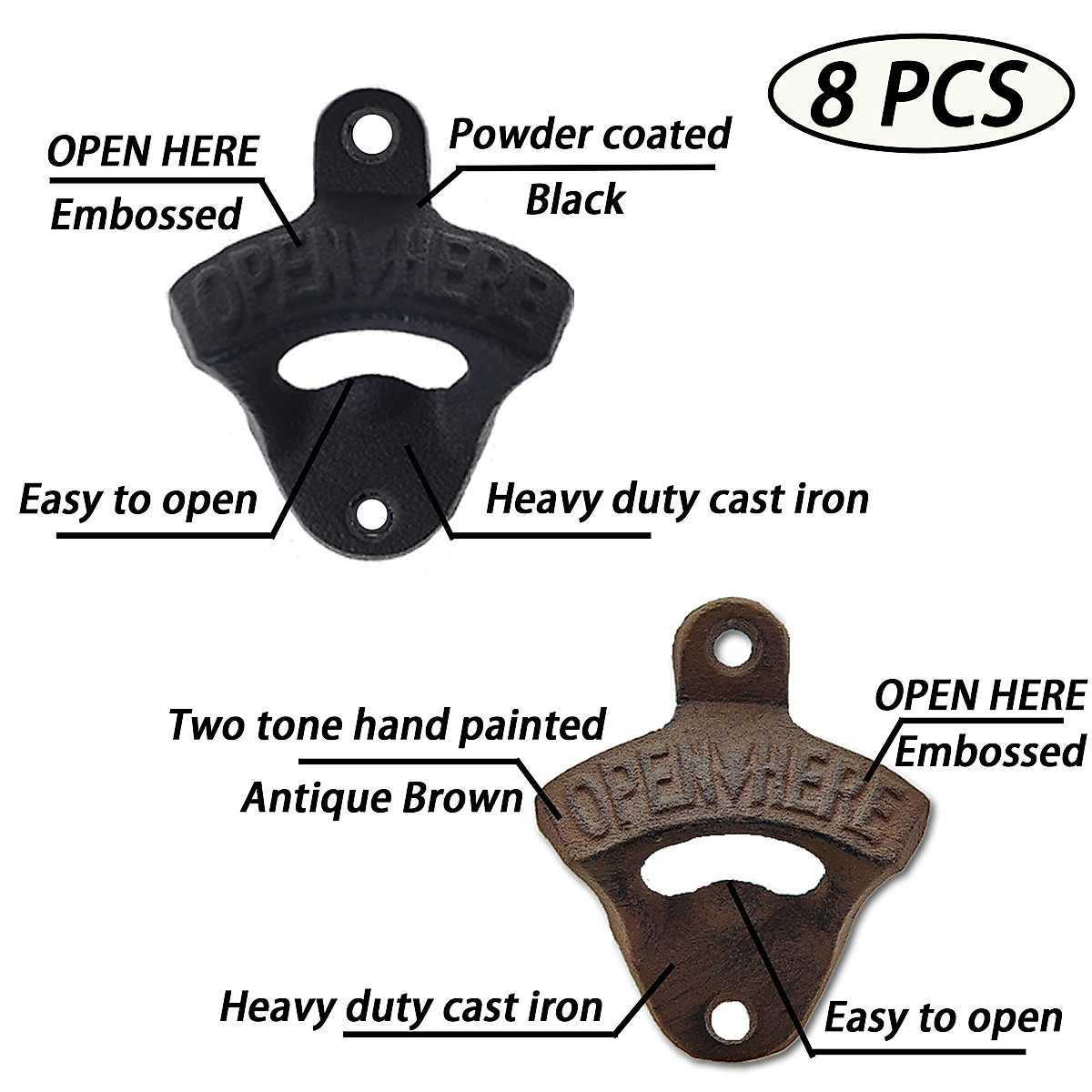 Luwanburg 8PCS Cast Iron Beer Bottle Opener Wall Mounted Bottle Cap Opener Open Here Black and Brown
