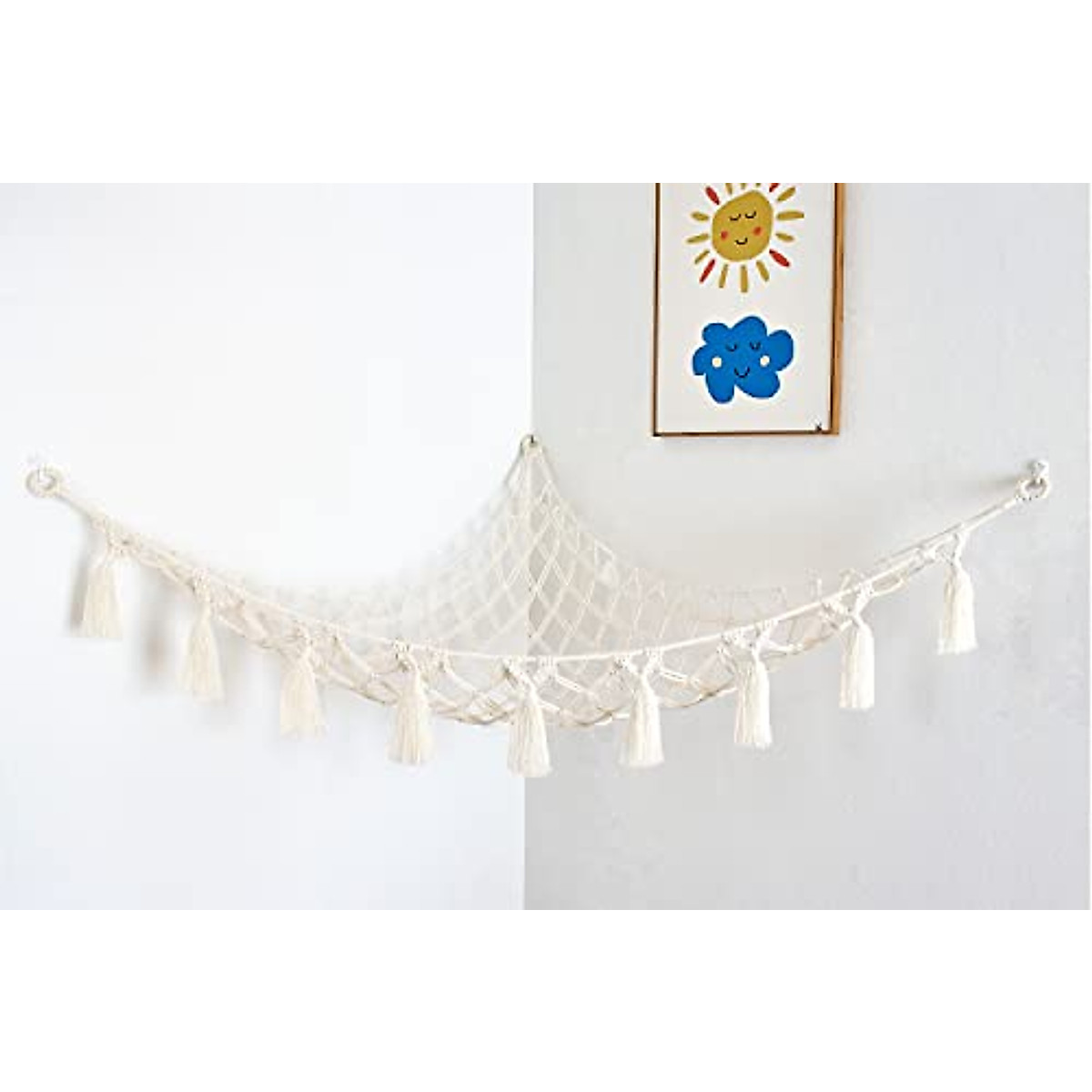 Mingtex Macrame Toy Hammock - for Stuffed Animals and Plush Toys, Soft Net Storage with Wooden Photo Clips, Soft Corner Hanging Netting, White Large