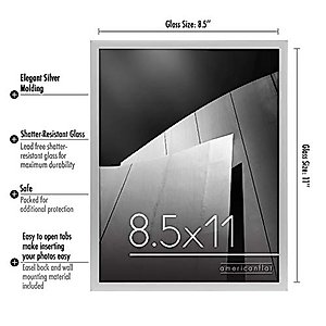 Americanflat 8.5x11 Picture Frame in Silver - Thin Border Frame with Shatter Resistant Glass - Horizontal and Vertical Formats for Wall and Tabletop