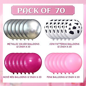 70 Pieces Western Theme Party Decorations Bachelorette Birthday Cow Balloons Rodeo Balloons Rose Red, Pink, Silver, Cow Print Latex Balloons for Baby Shower Cowgirl Party Supplies