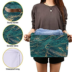 Kigai Collapsible Storage Basket with Handles, Gold Green Marble Canvas Fabric Storage Bins Toys Clothes Organizer for Bedroom, Nursery, Shelves, Closets (2PACK)