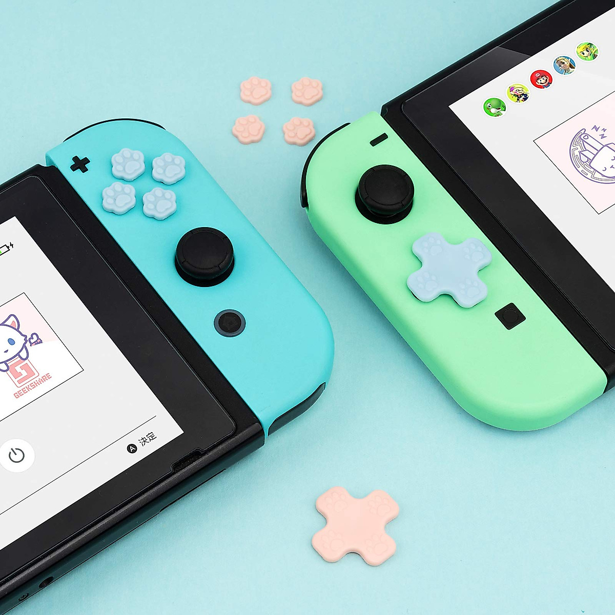 GeekShare 4PCS Cat Paw Button Caps Joystick Cover Compatible with Nintendo Switch/OLED - Pink & Blue
