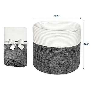 Rope Storage Basket with Handles Large, Cotton Woven Blanket Basket Nursery Hamper Bin, 16" x 16" x 14" Organizer for Toys, Laundry, Books and Baby Blankets