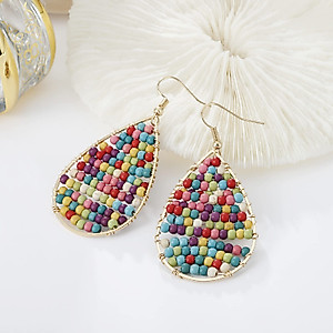 Winssigma Turquoise Teardrop Earrings, Boho Colorful Beads Gold Hoop Earrings for Women Bohemian Jewelry(Colorful2)