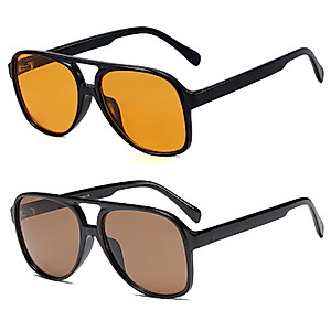 BUTABY Vintage Aviator Sunglasses for Women Men Retro 70s Glasses Classic Large Squared Frame UV400 Protection Black Yellow & Black Brown