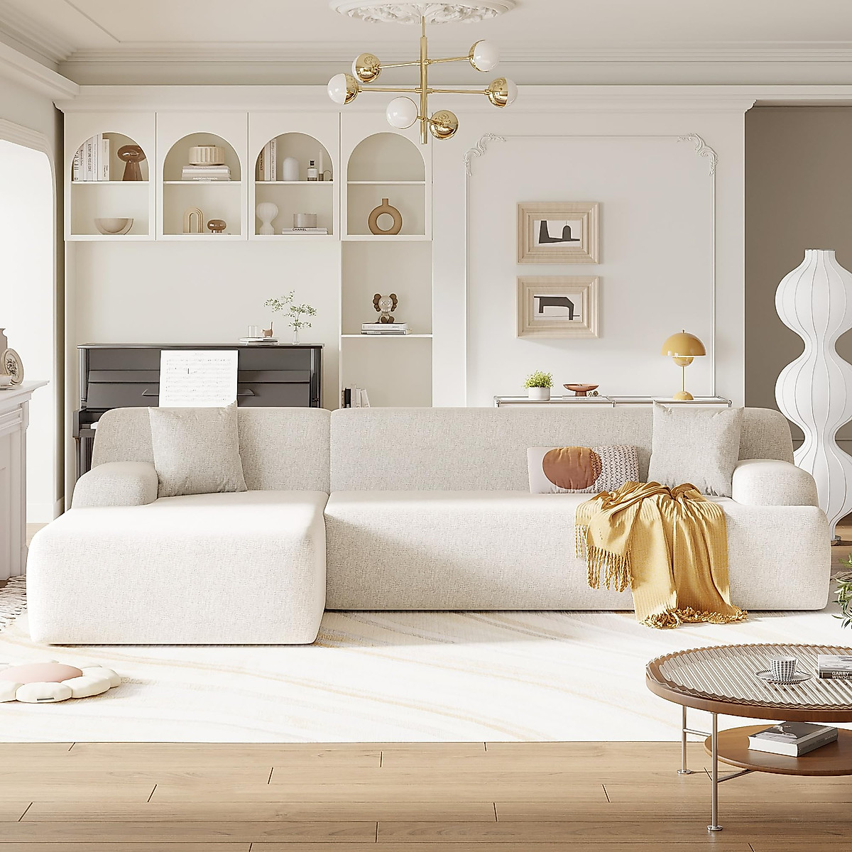 Merax L-Shaped Large Sofa Couch, 2 Piece Free Combination, Modern Modular Sectional Corner Sofa with 2 Pillows and High-Density Foam for Living Room, Bedroom, Salon, Beige