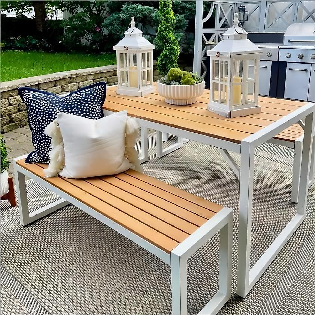 YITAHOME Patio Dining Table and Bench with Faux Wood Tabletop, Outdoor Dining Set for 4-6 People, All-Weather Picnic Conversation Set for Garden Backyard Poolside - White & Walnut