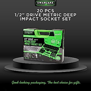 SWANLAKE 1/2" Impact Socket Set, 20-Piece 6 Point Impact Set,Metric (10mm - 24mm) Standard Impact Socket Set, Cr-V, Deep Socket Set 1/2 Drive