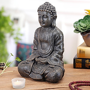 MyGift 11.5-Inch Sitting Buddha Statue, Premium Gray Resin Meditation Zen Buddha Home Decor, Decorative Yoga, Garden, Alter, Prayer Spiritual Living Figurine