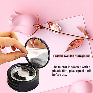 3 Layers Eyelash Storege Box with Mirror Circle Eyelash Holder Case with Lashes Trays & New Lash Clip Applicator Eye Makeup Tool for Women Girls Travel Case