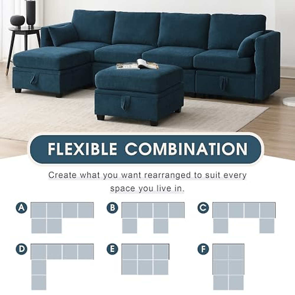 Melpomene Chenille Modular Sectional Sofa,U Shaped Free Combination 6 Seater Sofa with Storage Seat and Adjustable Armrests for Living Room,Office, Apartment,Blue