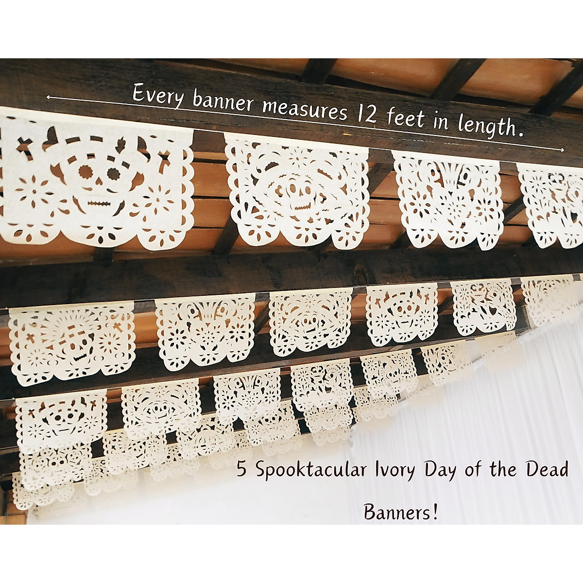 Off White Papel Picado Dia de Los Muertos Altar, Day of the Dead banner, Paper Party Decoration, Mexican Calaveras 5 Pack|Tissue Paper