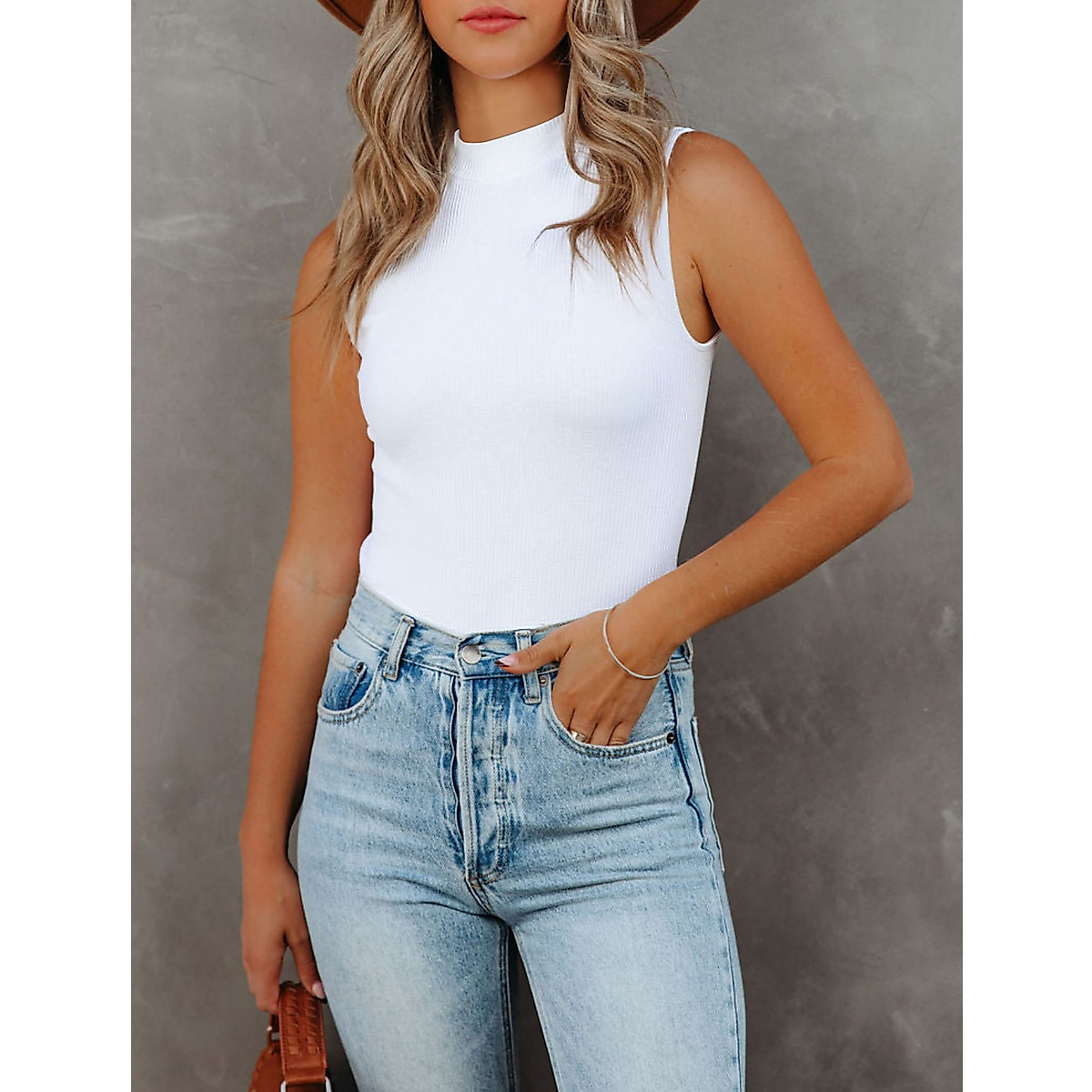 Areecin Women's Mock Neck Tank Tops Summer Sleeveless Pullover Tops Slim Fit Ribbed Shirts Casual Basic Blouses White L