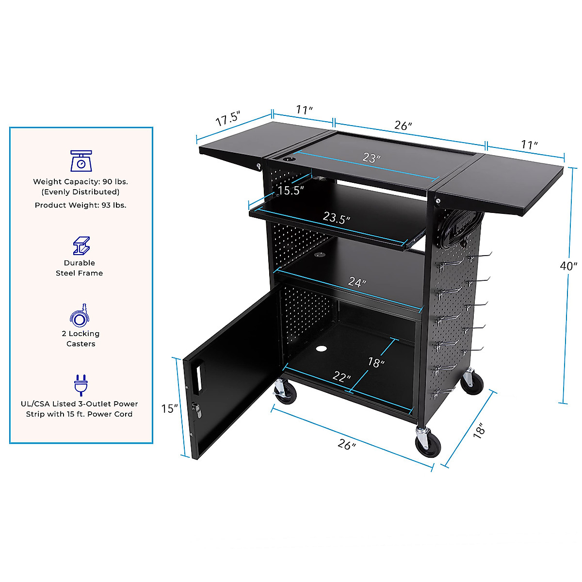 Line Leader Stellar AV Cart - Computer Cart with Customizable Pegboard & Hooks, Locking Cabinet and Tray, UL Certified Power, Mobile Workstation with Locking Wheels, Ideal for Laptop & Charger Storage