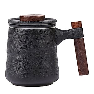 NCQIXIAO Tea Cup with Infuser and Lid, Retro Tea Mug Cups with Infuser, Wood Handle Ceramic Coffee Mug with Lid for Steeping Loose Leaf Tea 320ml/10.82OZ (Black)