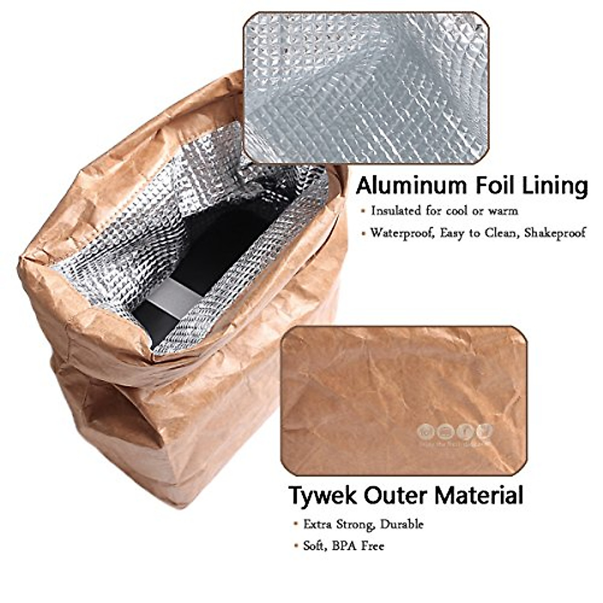 Hangnuo 2 Pack Insulated Brown Paper Lunch Bags Reusable, Retro Lunch Sacks for Adults Work Office, Brown Paper - 10" x 8" x 4.3"