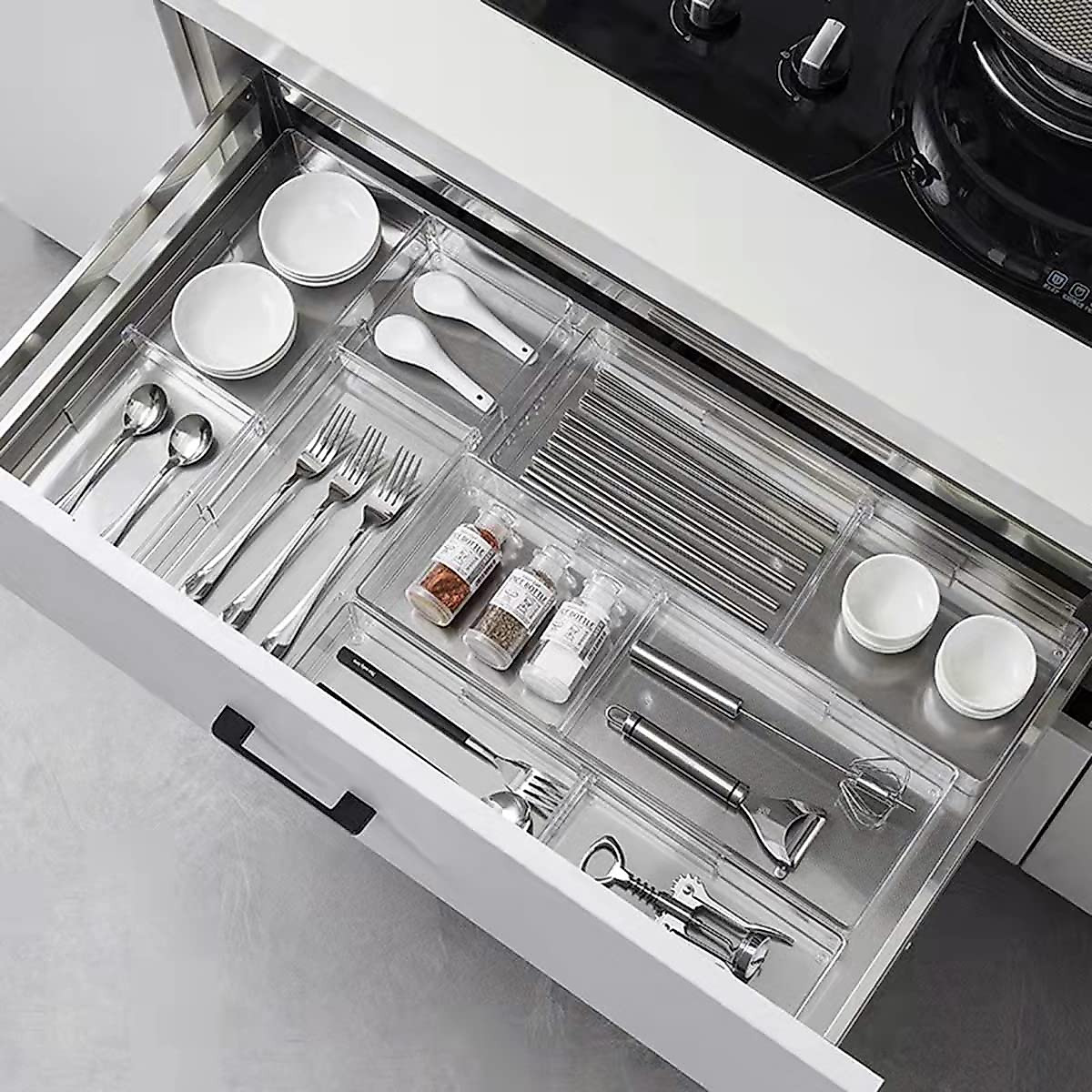 AOBOC Clear Plastic Kitchen Drawer Organizer with Two Adjustable Compartments,Flatware Organizer for Silverware,Cutlery or Kitchen Gadgets (3.9W×16.2L)