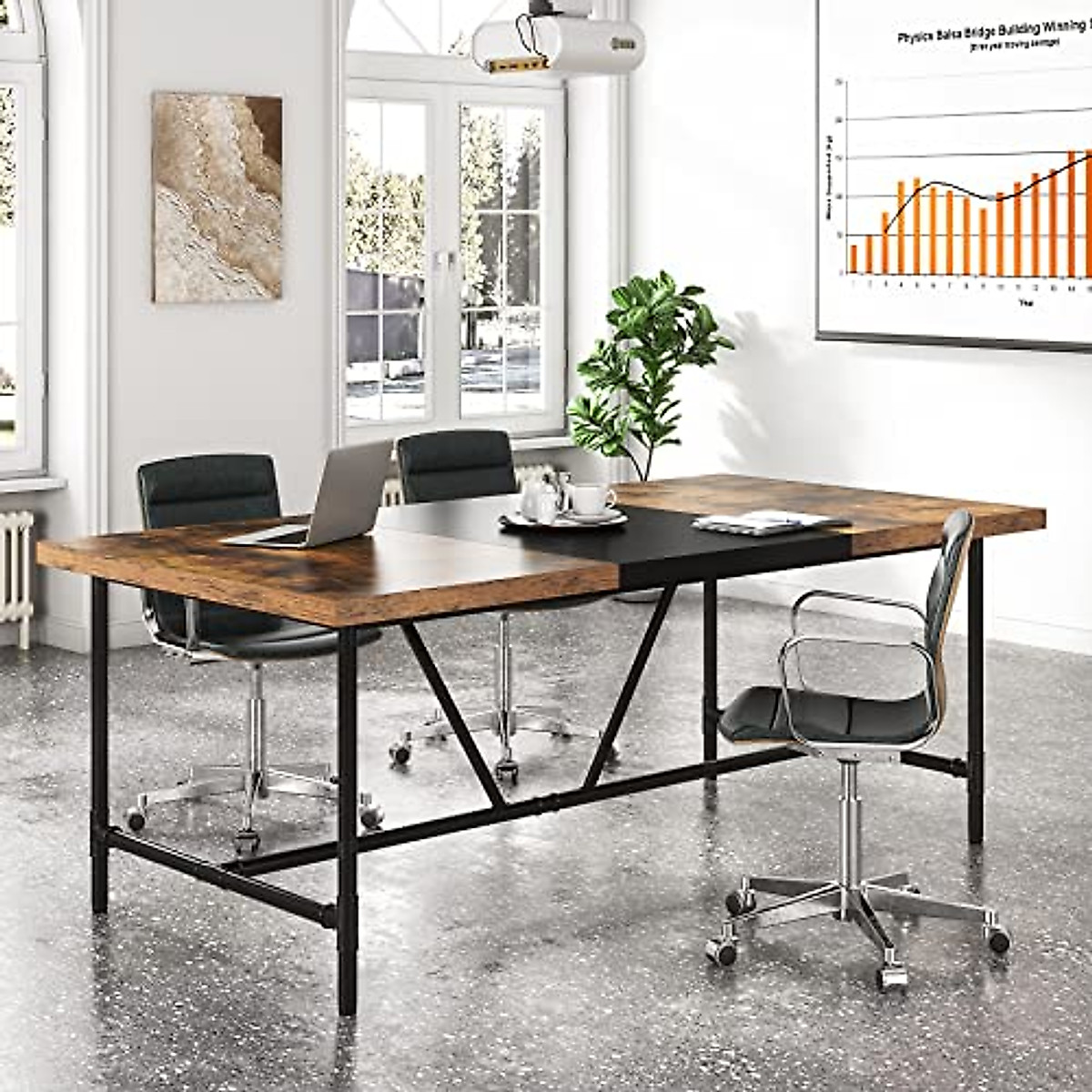 Tribesigns 6FT Conference Table, 70.8" W x 35.4" D Meeting Table Conference Room Tables with Pipe Metal Frame, Rectangular Training Seminar Table Computer Desk with Splice Board for Home Office-Brown