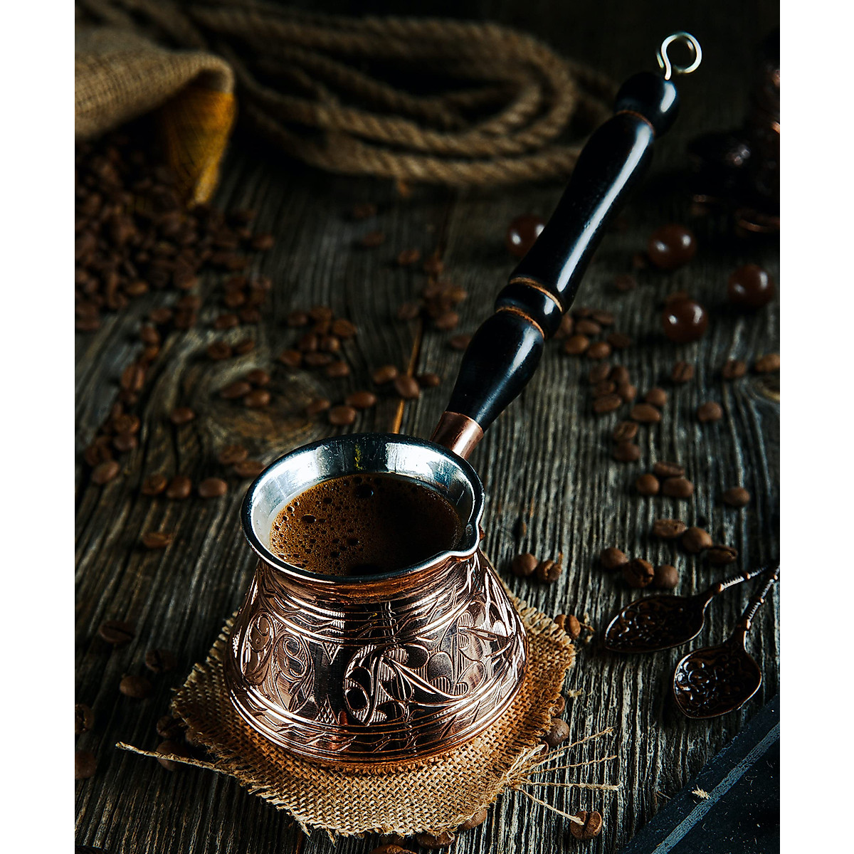 DEMMEX Thickest Copper Turkish Greek Arabic Coffee Pot Engraved Stovetop Coffee Maker Cezve Ibrik Briki with Wooden Handle & Wooden Spoon, for 3 People (Copper)