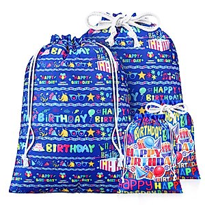 Chapou 4 Pcs Large Blue Happy Birthday Drawstring Gift Bags Reusable Fabric Wrap Bags 20 Inch Large 12 Inch Medium Birthday Treat Bags for Birthday Baby Shower Child's Gender Reveal Party
