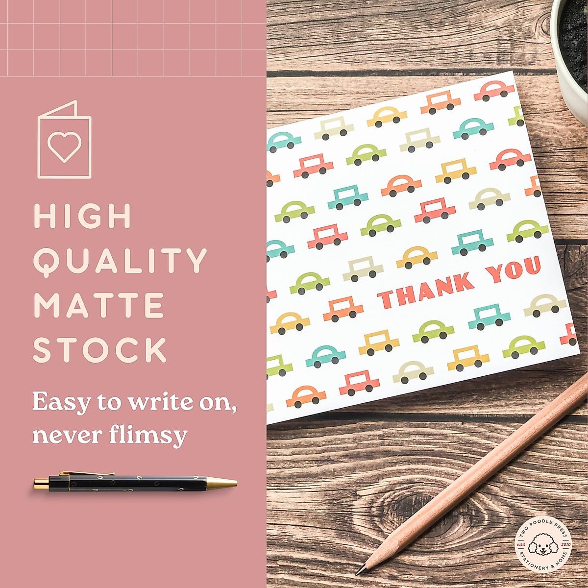 Two Poodle Press Boy Thank You Cards, Retro Car Thank You Notes with Envelopes - For Birthdays, Baby Showers, Graduation, Kids Stationery, Baptism Thank You, Teacher Appreciation - Liam