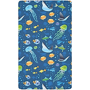 Under The Sea Themed Fitted Mini Crib Sheets,Portable Mini Crib Sheets Soft and Breathable Bed Sheets-Baby Crib Sheets for Girl or Boy,24“ x38“,Dark Sky Blue and Multicolor
