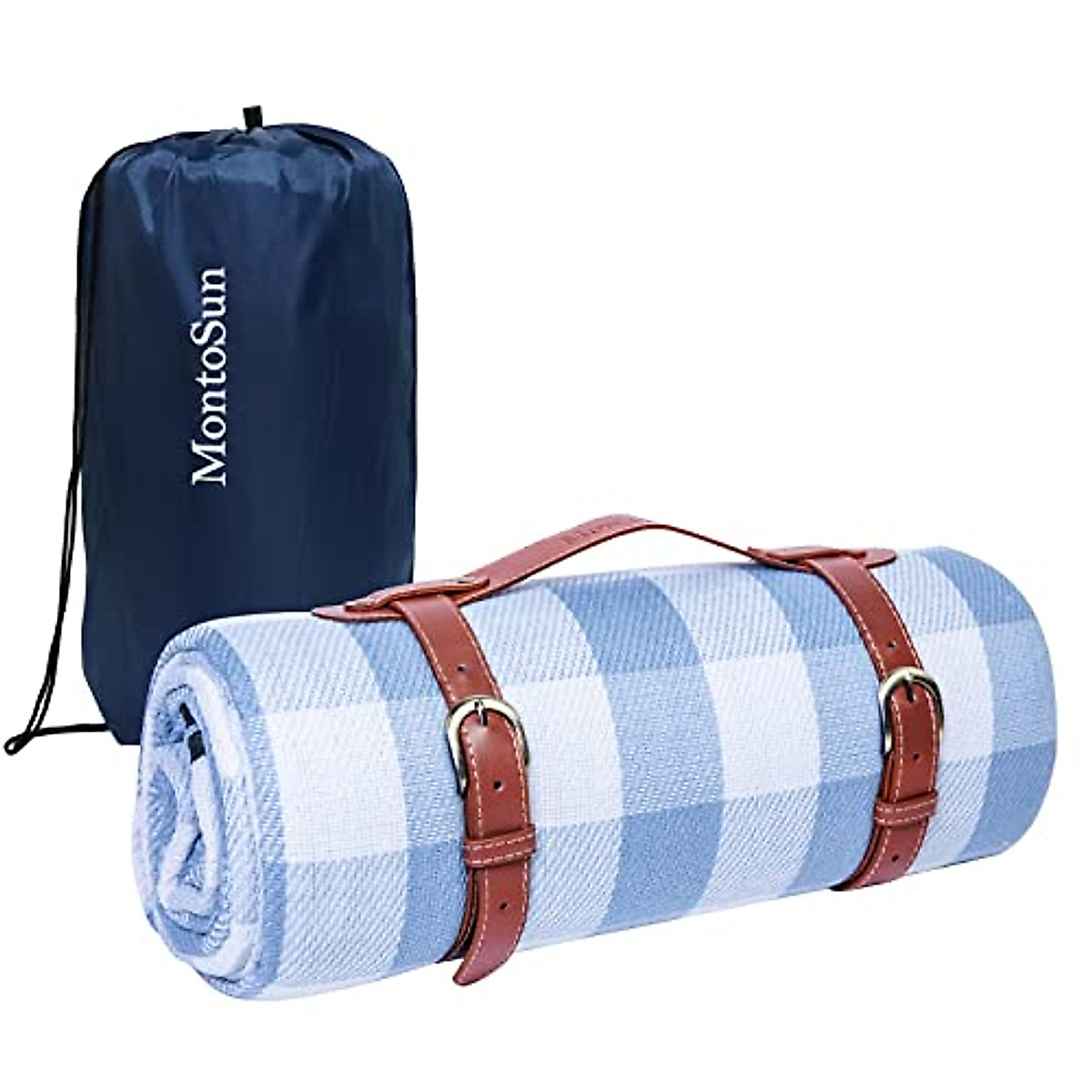 MontoSun Large 59x79'' Picnic Blankets Handy Beach Picnic Blanket Outdoor Lawn Mat 3 Layered Blanket Waterproof Foldable Beach Blanket Sandproof for Camping,Travelling,Hiking (Sky Blue Gingham)