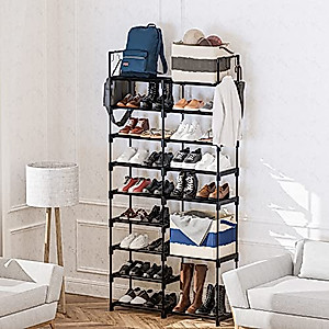 UMBFUN 9 Tiers Shoes Rack Organizer for Entryway Hold 32-40 Pairs Shoes and Boots Black Metal Garage Shoes Storage Tall Stackable Free Standing Big Shoe Rack for Closet with 4 Hooks(2x9)