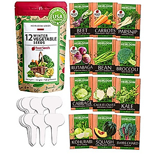 12 Winter Vegetable Seeds - Heirloom, Non-GMO Fall & Winter Vegetable Seeds for Planting Home Garden: Bean, Beet, Broccoli, Cabbage, Carrot, Cauliflower, Kale, Parsnip, Squash, Chard & More
