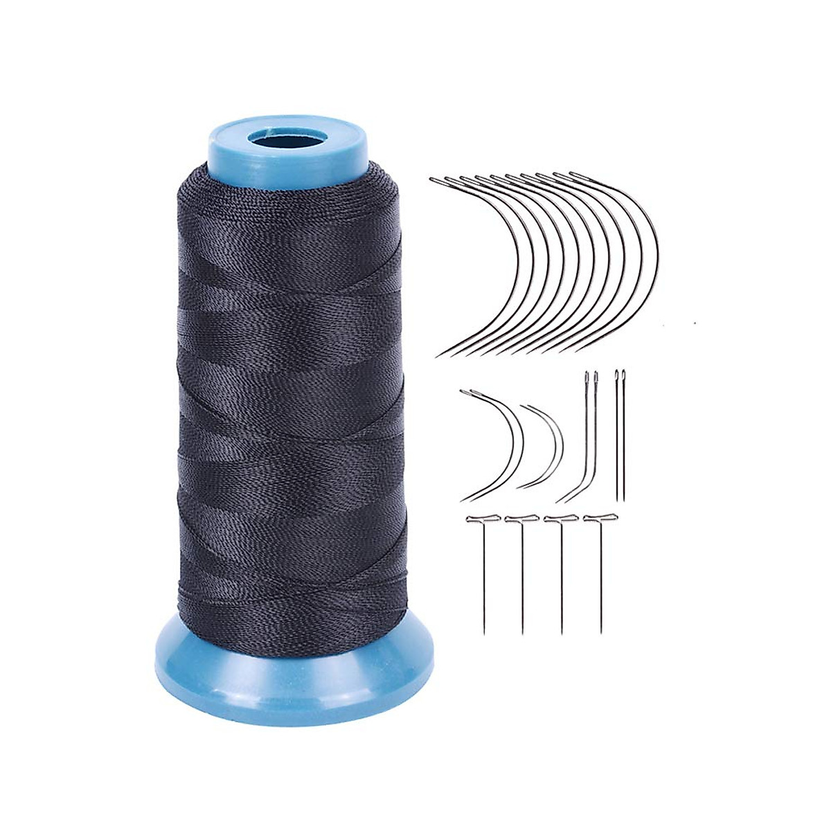 Black Hair Weaving Thread with 12 pcs of 9cm-C Type Needles/Curved hair Needles Hair Extention Accessory Thread for wig making needle