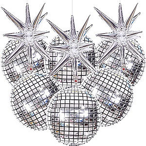 9 Pcs Giant Silver 4D Disco Ball Balloons, 22 Inch Silver Explosion Star Foil Mylar Balloons And 4D Round Metallic Silver Disco Balloons For 70s 80s 90s Disco Theme Party Decorations