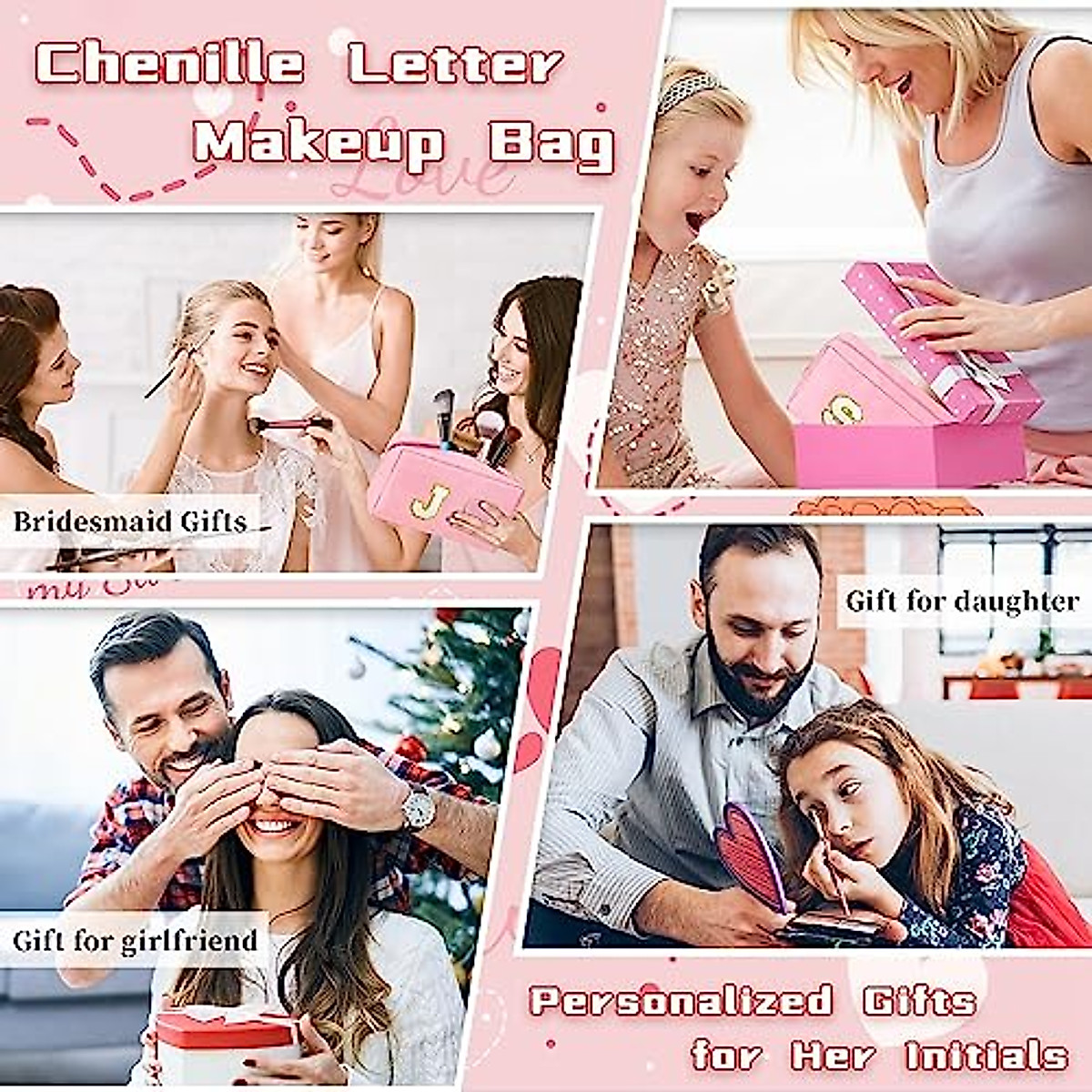 TOPEAST Preppy Makeup Bag Chenille Letters Cosmetic Travel Bag Makeup Pouch Portable Waterproof Travel Organizer Nylon Toiletry Bag Unique Gifts for Women Teen Girls, Letter G