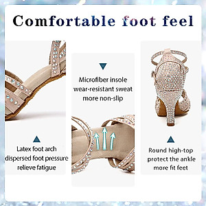VCIXXVCE Women's Rhinestones Ballroom Dance Shoes Nude Suede Sole 3 Inch Heel Latin Salsa Bachata Performance Dance Heels,7.5 US