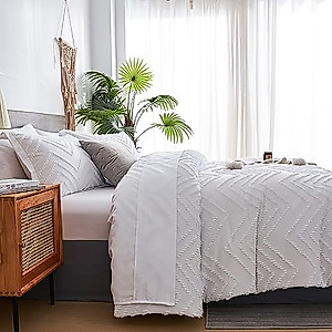 FLYMME White Full Size Comforter Sets with Sheets,Tufted Bed in a Bag 7 Pieces, Chevron Boho Shabby Chic Farmhouse Bedding Set,Soft Microfiber Comforter for All Season（White,80”*90”）