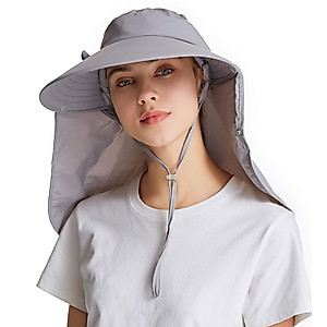 icolor Women Sun Cap Finshing Hats UPF+50 Detachable Face Mask Neck Flap Visor Wide Brim Sun Protection Hiking Hats Light Gray