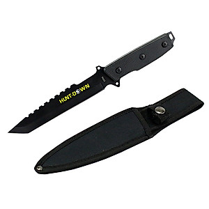 Lastworld Hunt-Down 12" All Black Tanto Blade Hunting Knife Ridged Edge with Nylon Sheath