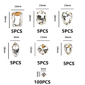 Clear Sew On Rhinestones, Choupee 130PCS Sew On Rhinestone Metal Back Prong Setting Sewing Claw Rhinestone Mixed Shapes Sew On Glass Gems for Jewelry, Clothes, Costume, Shoes,Dress, Garments