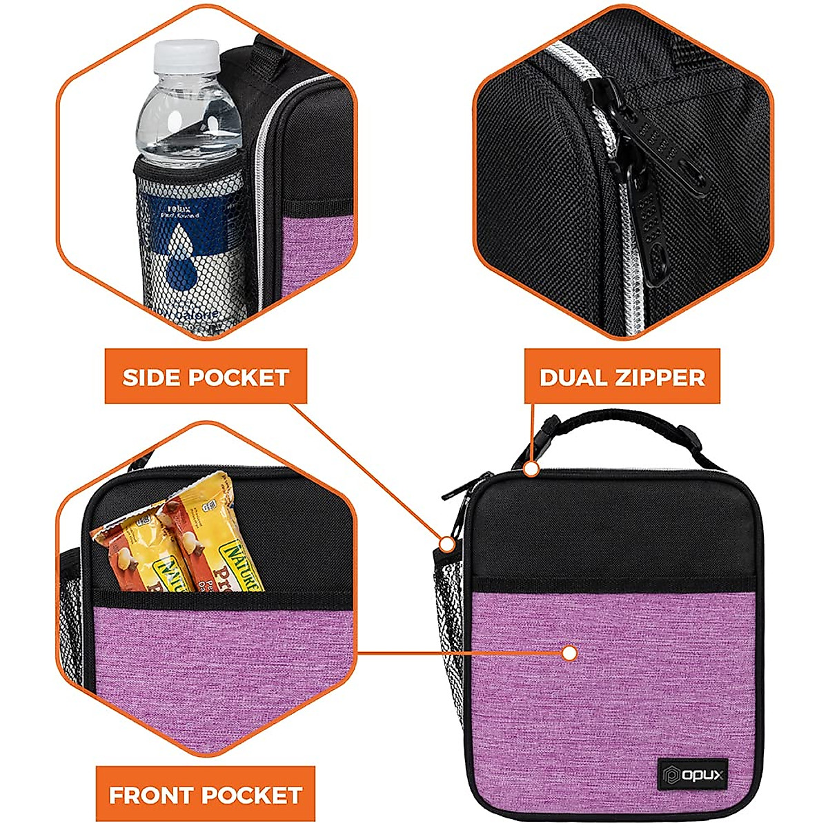 OPUX Premium Insulated Lunch Box, Soft School Lunch Bag for Girls Kids, Leakproof Small Lunch Pail Women Work, Reusable Compact Cooler Tote Lunchbox for Office Adult, Heather Purple