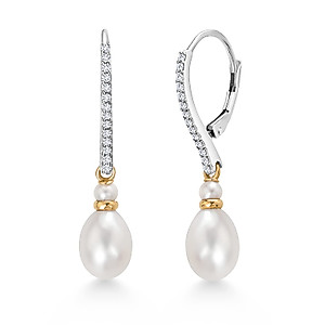 Gem Stone King 925 Sterling Silver and 10K Yellow Gold 9X7MM Cultured Freshwater Pearl and White Lab Grown Diamond Dangling Earrings with Leverback For Women