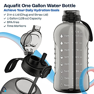 AQUAFIT 128 oz Water Bottle with Time Marker - 2in1 Straw & Chug Lid - BPA Free Big Water Bottle with Straw - Gym Water Bottle with Strap - Water Jug (128 Ounces, Nebula)