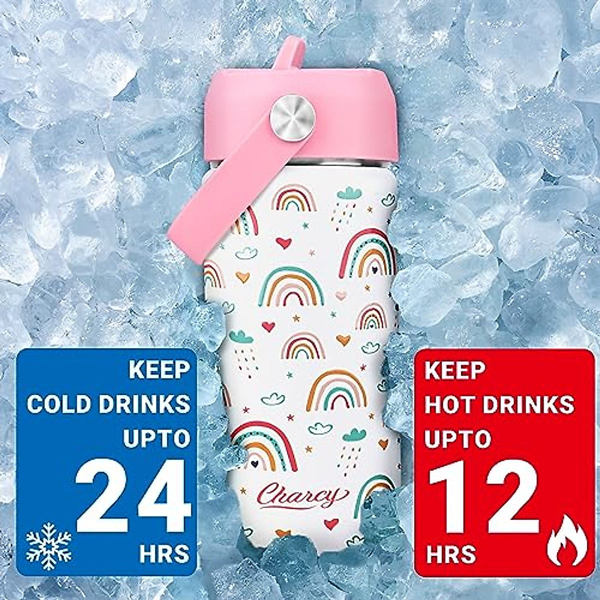 Charcy 12 oz Insulated Water Bottle for Kids, Portable Sports Water Cup Flask with Handle, Travel Thermos Mug, Pink adjustable lid - White Rainbow