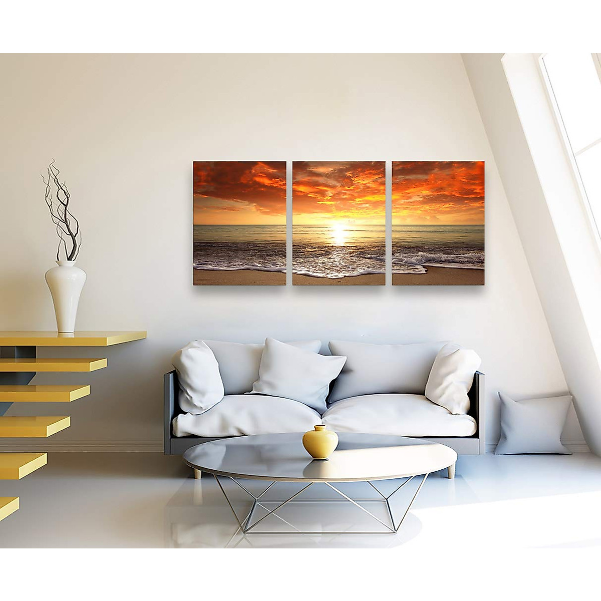S0146 3 pieces Canvas Prints Wall Art Sunset Ocean Beach Pictures Photo Paintings for Living Room Bedroom Home Decorations Framed Seascape Waves Landscape Giclee Artwork 16x24inch x3pcs