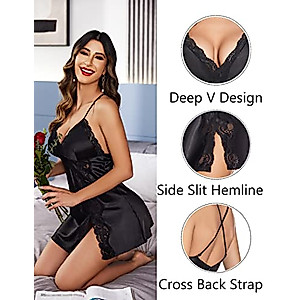 Avidlove Women Sleepwear Satin Nightgown Lace Mini Slip Chemise Short Nightwear Black X-Large