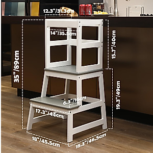 Saihony Standing Tower for Toddler, Kids Kitchen Step Stool Toddler Standing Tower Helper for Kitchen Counter and Bathroom Sink, Wooden Kids Montessori Learning Standing Stool with Safety Rail White