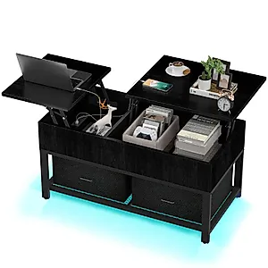 Hasipu Lift Top Coffee Table with Storage for Living Room LED Furniture 39.4",Modern Square Center Tables with USB Charging Port, Black