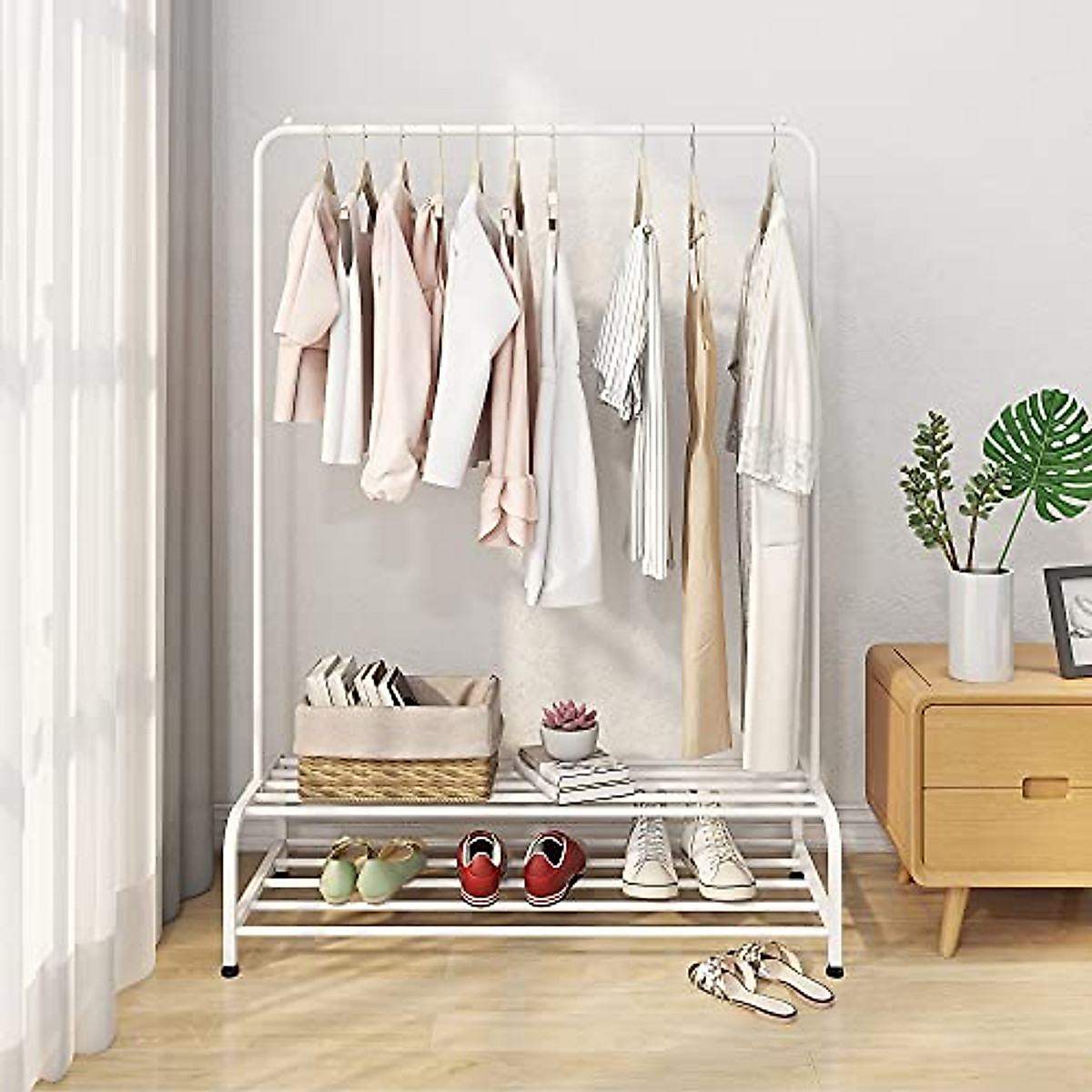 White Commercial Garment Rack,Closet Garment Rack, Heavy Duty Clothes Storage Organizer for Bedroom, Free-Standing and Closet Organizer and Storage with Hanger Rods Clothes Rack for Hanging Clothes
