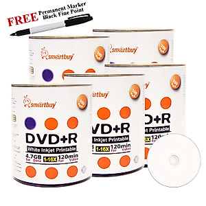 Smartbuy 500-disc 4.7GB/120min 16x DVD+R White Inkjet Hub Printable Blank Media Disc + Black Permanent Marker