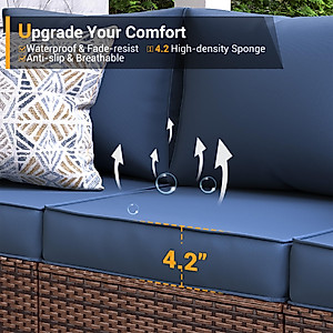 UDPATIO 3-Seat Patio Wicker Sofa, Outdoor Rattan Sectional Couch Furniture Steel Frame w/Furniture Cover Non-Slip Cushion and Deep Seating High Back, Navy